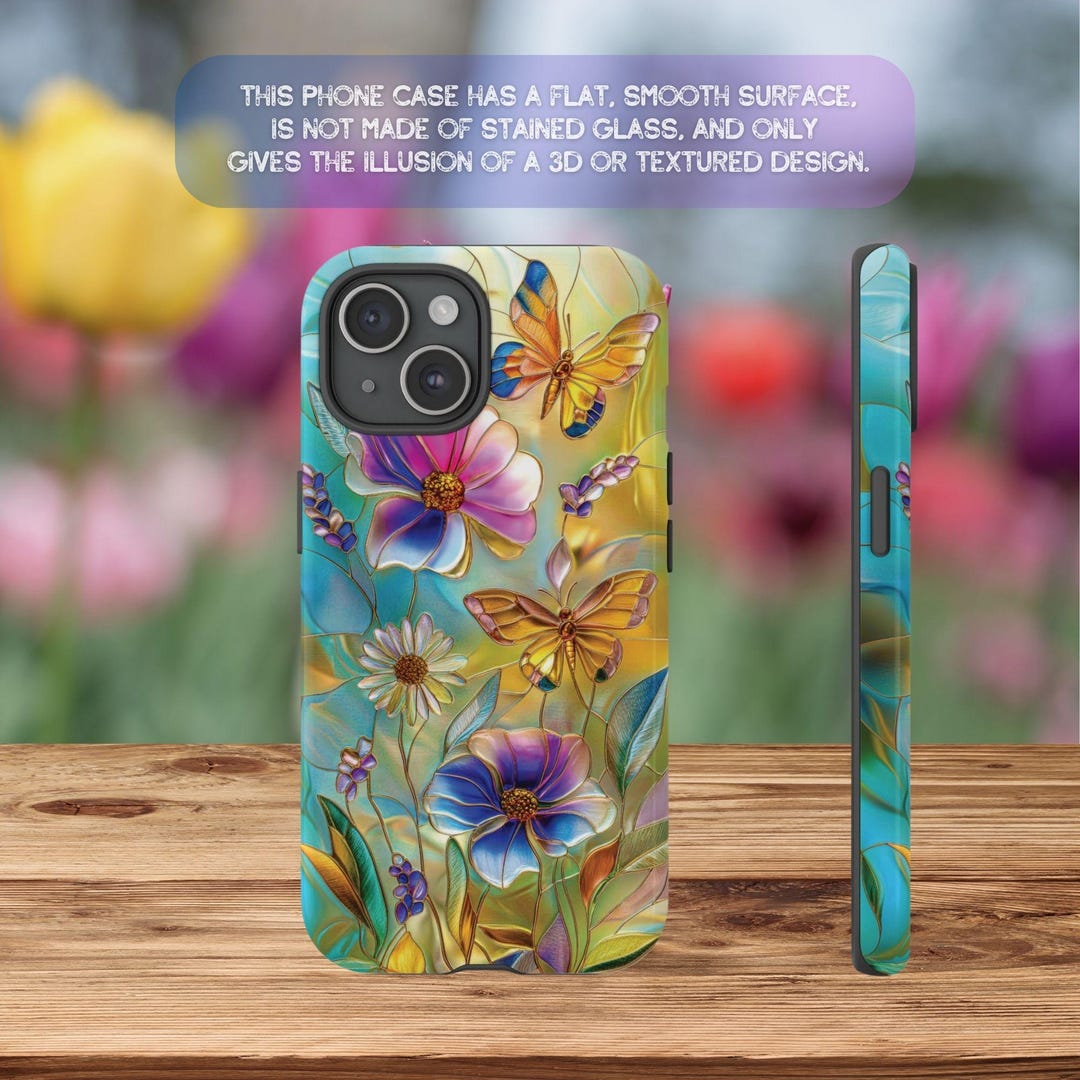 Butterflies, Wildflowers Phone Case, Faux Stained Glass, iPhone 16 15 ...