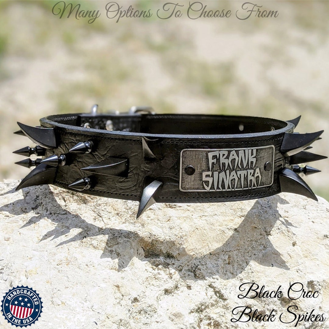 Leather Dog Collar With Spikes, Personalized Name Plate Collar, Heavy ...