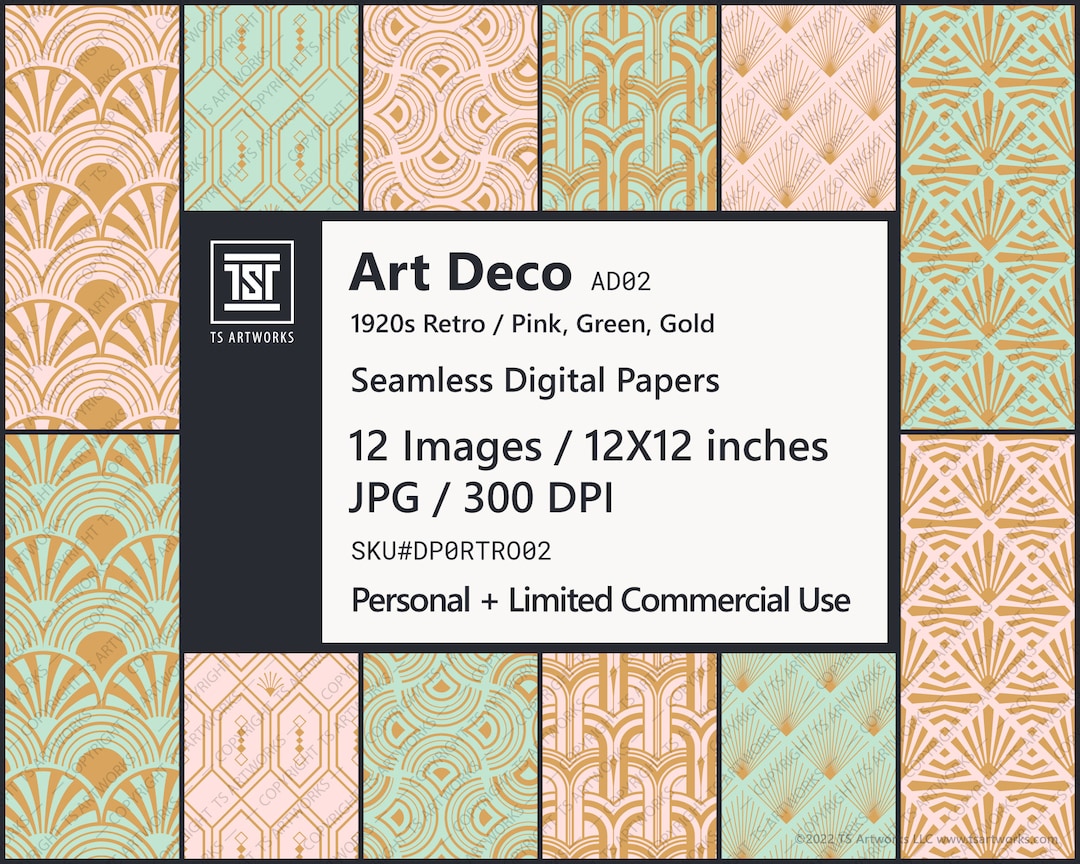 Art Deco. Pink, Green, Gold. 1920s Retro. Seamless Digital Papers. - Etsy