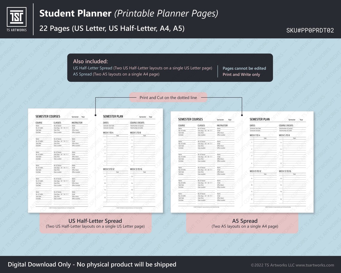 Student Planner. Printable Planner Pages US Letter US - Etsy