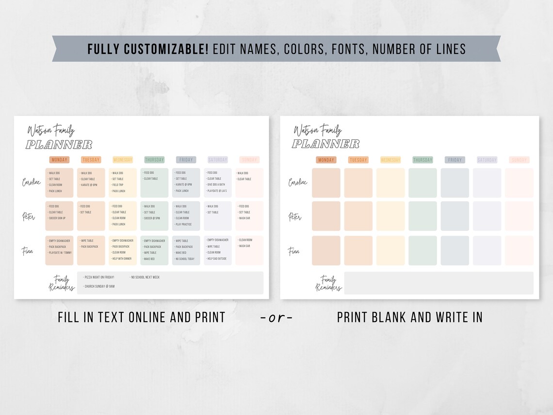 Printable Editable Family Planner | Digital Instant Download | Weekly ...