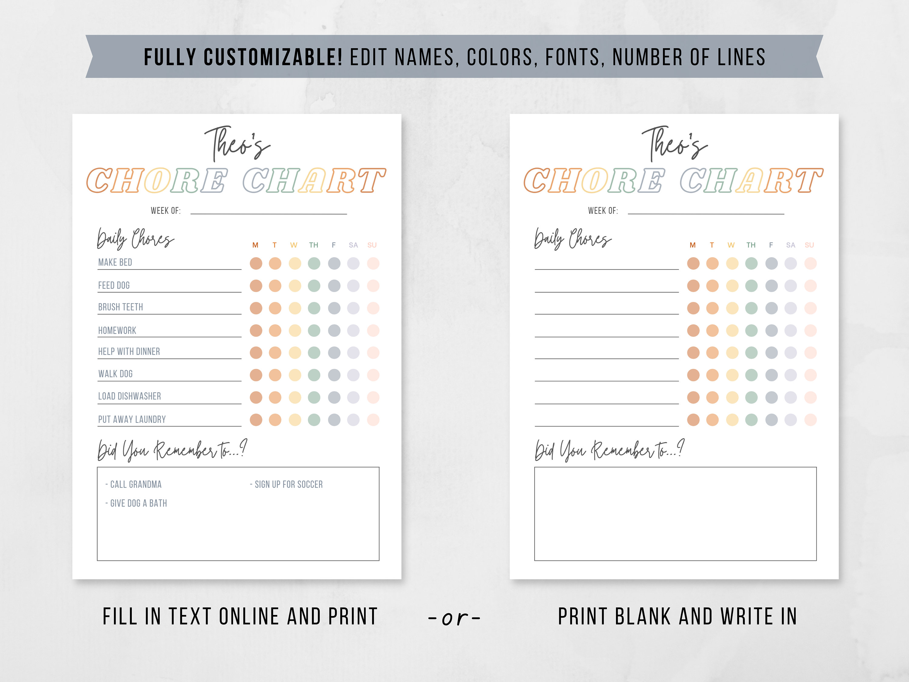 Printable Editable Chore Chart | Kids Daily Routine | Instant Download ...