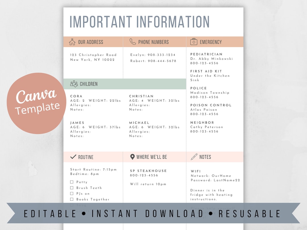 Babysitter Information Sheet | Emergency Contact Info | Important ...