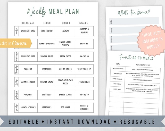 Simple Weekly Meal Planner BUNDLE, Favorite Meals, Menu Plan, Wellness ...