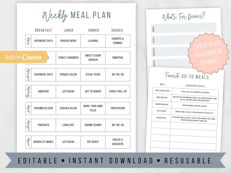 Simple Weekly Meal Planner BUNDLE, Favorite Meals, Menu Plan, Wellness ...