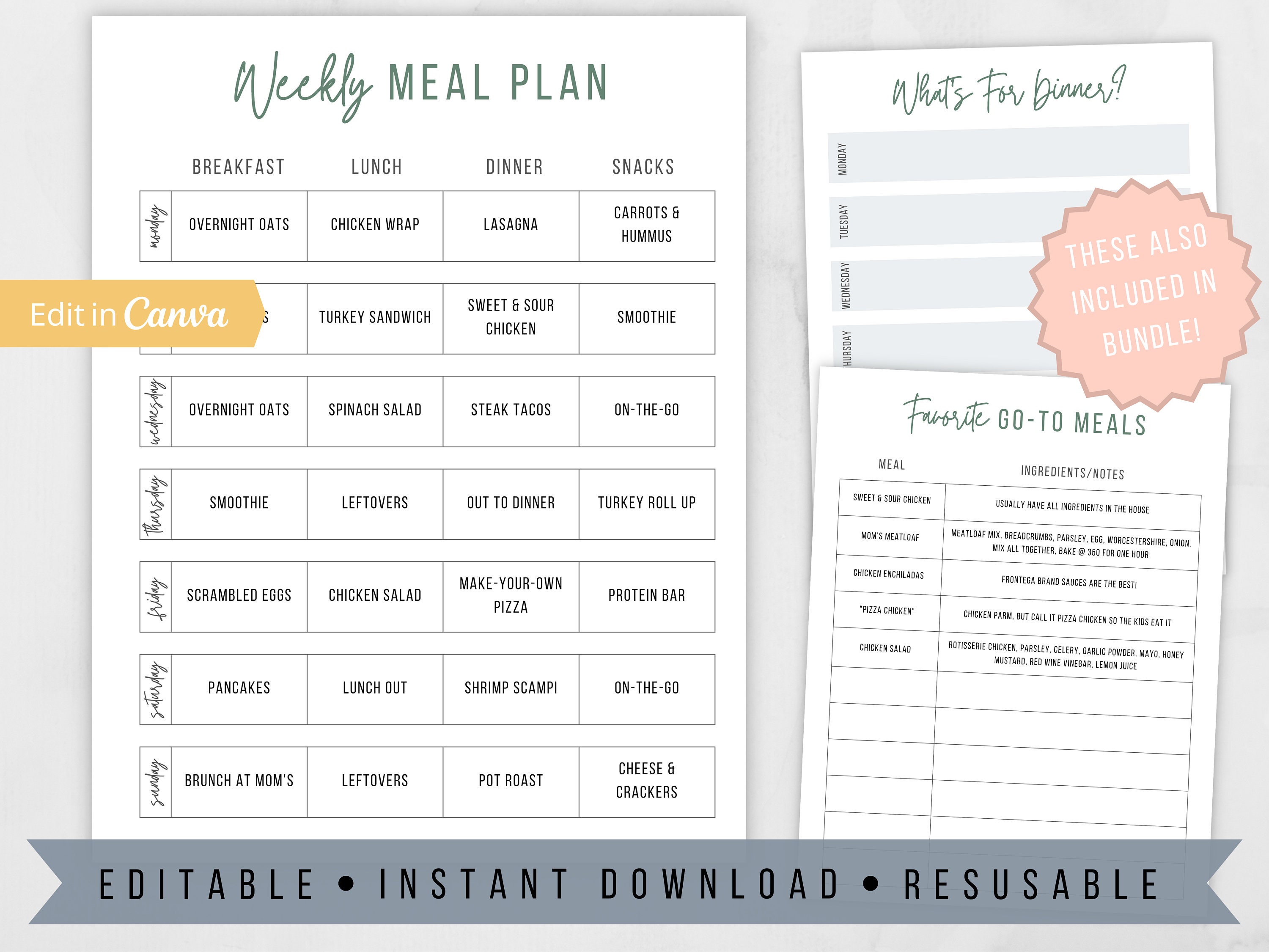 Simple Weekly Meal Planner BUNDLE, Favorite Meals, Menu Plan, Wellness ...