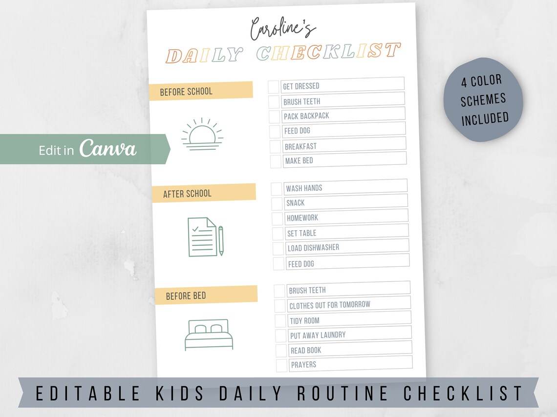 Editable Kids Daily Routine Checklist Back to School Routine Chore ...