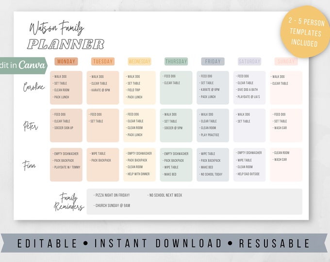 Printable Editable Family Planner Digital Instant Download Weekly ...