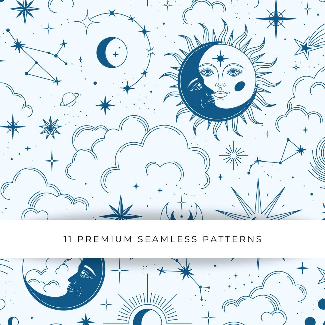Blue Celestial Seamless Patterns: Boho Nursery Digital Paper (PNG) - Etsy