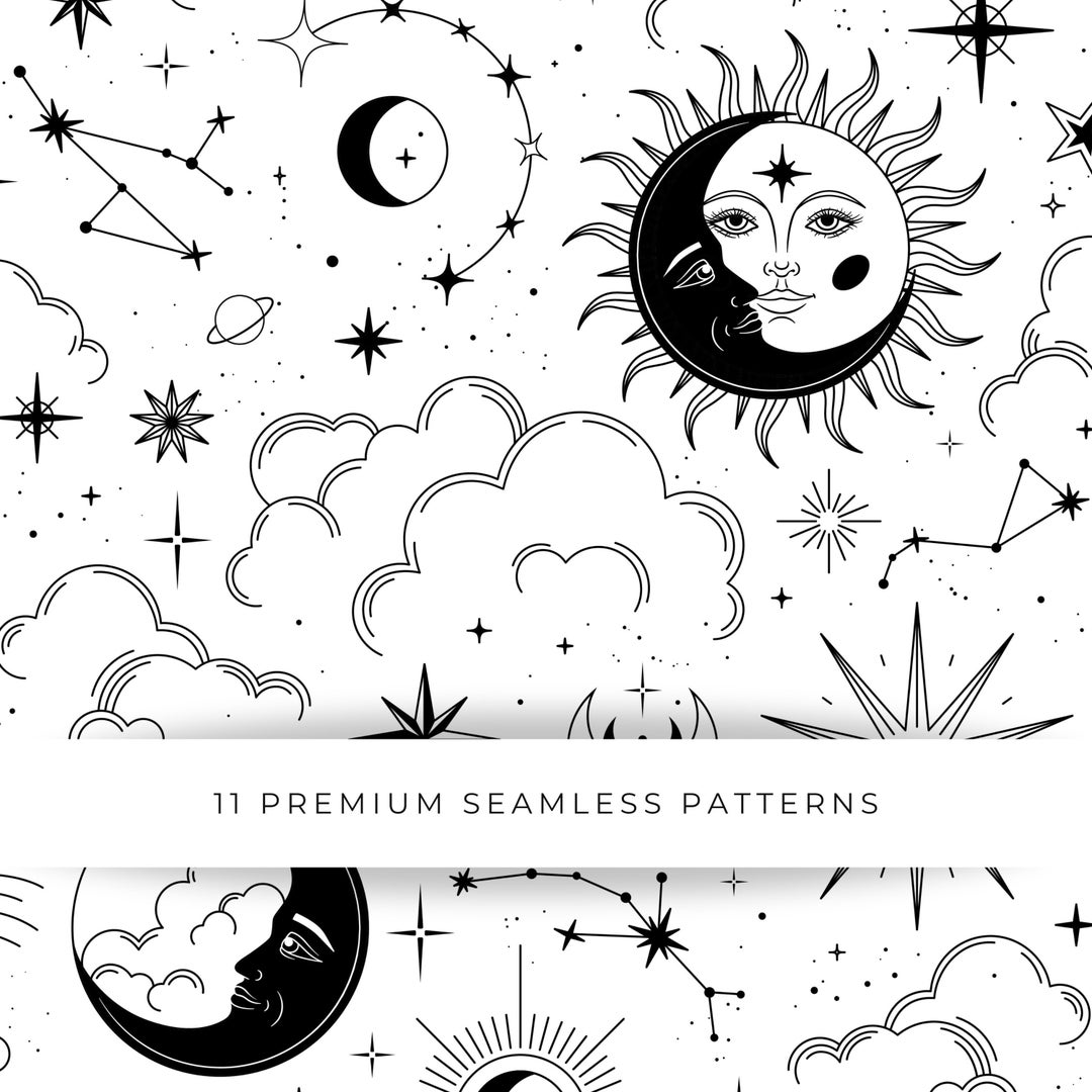 Celestial Seamless Patterns, Black Celestial Repeat Pattern ...