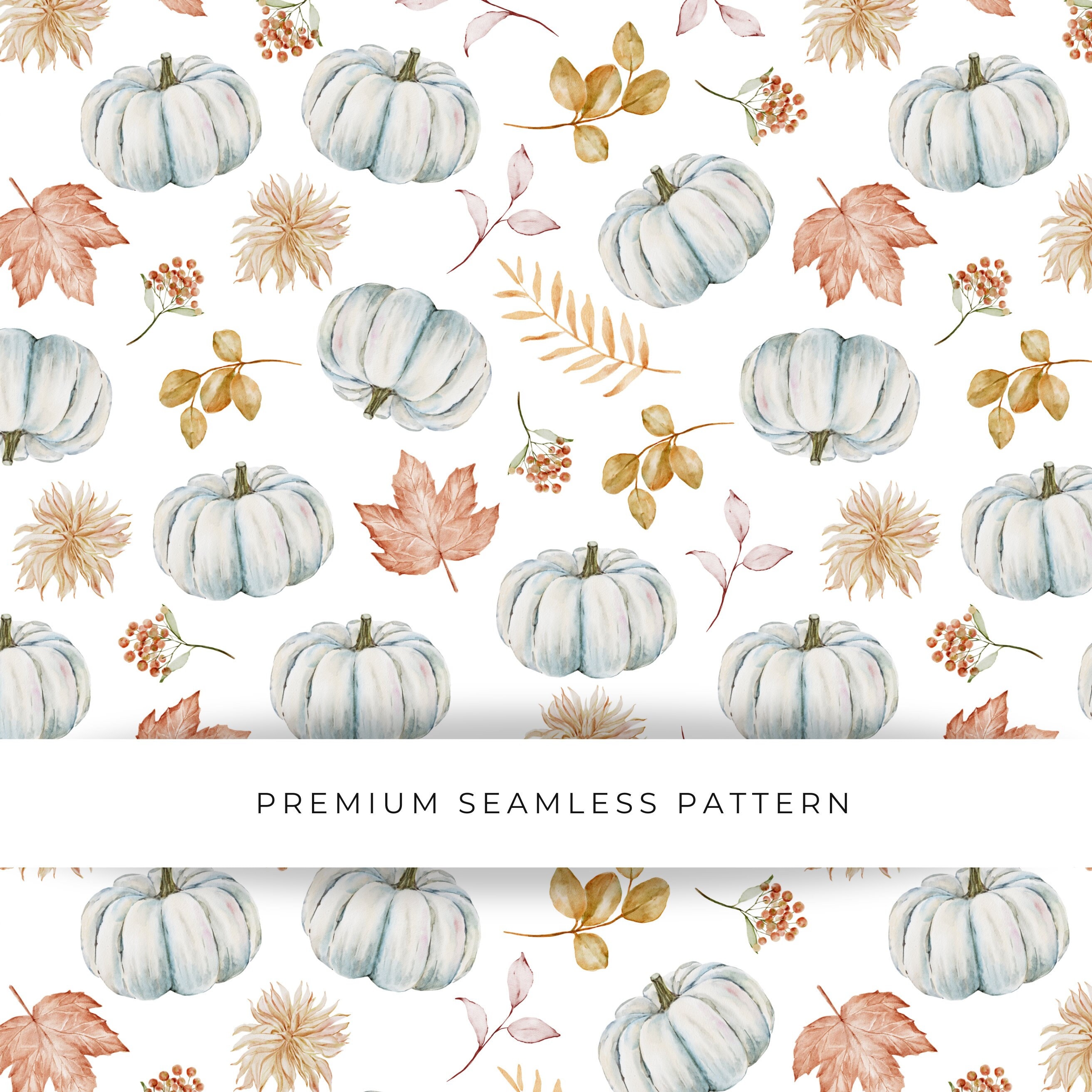 Autumn Blue Pumpkin Seamless Pattern, Watercolor Floral Seamless ...