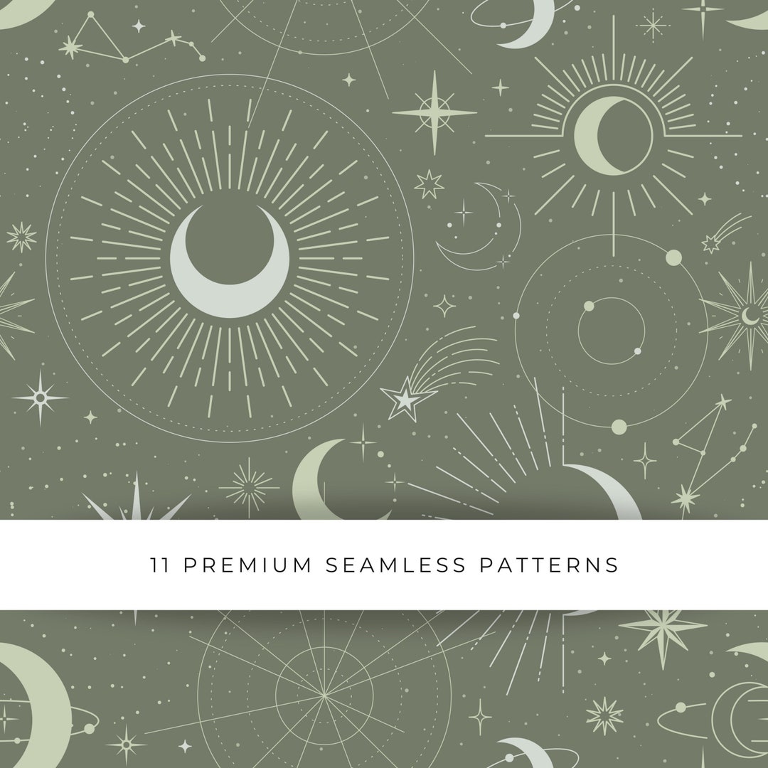 Sage Green Celestial Seamless Patterns: Boho Nursery Digital Paper (PNG ...