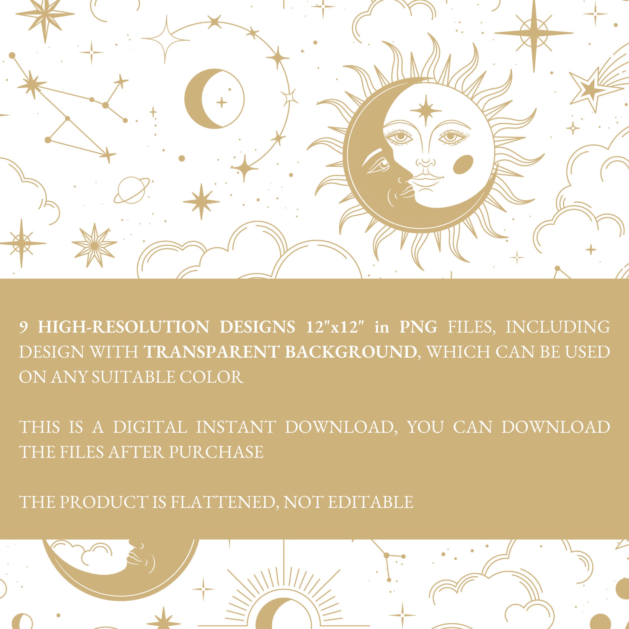 Golden Celestial Seamless Patterns: Scrapbook Paper (PNG Digital ...