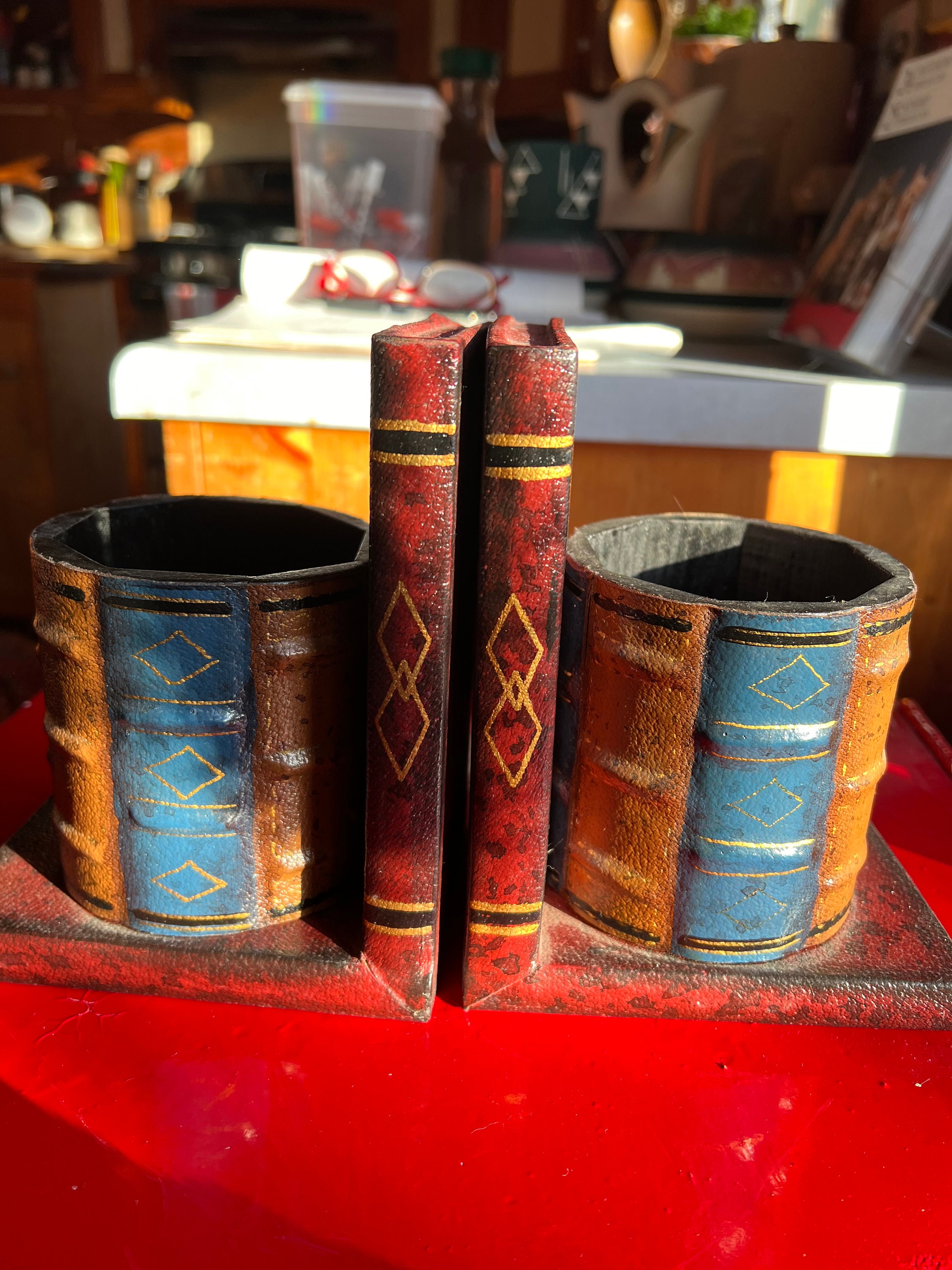 Leather Wrapped Bookends With Pencil Cups - Etsy
