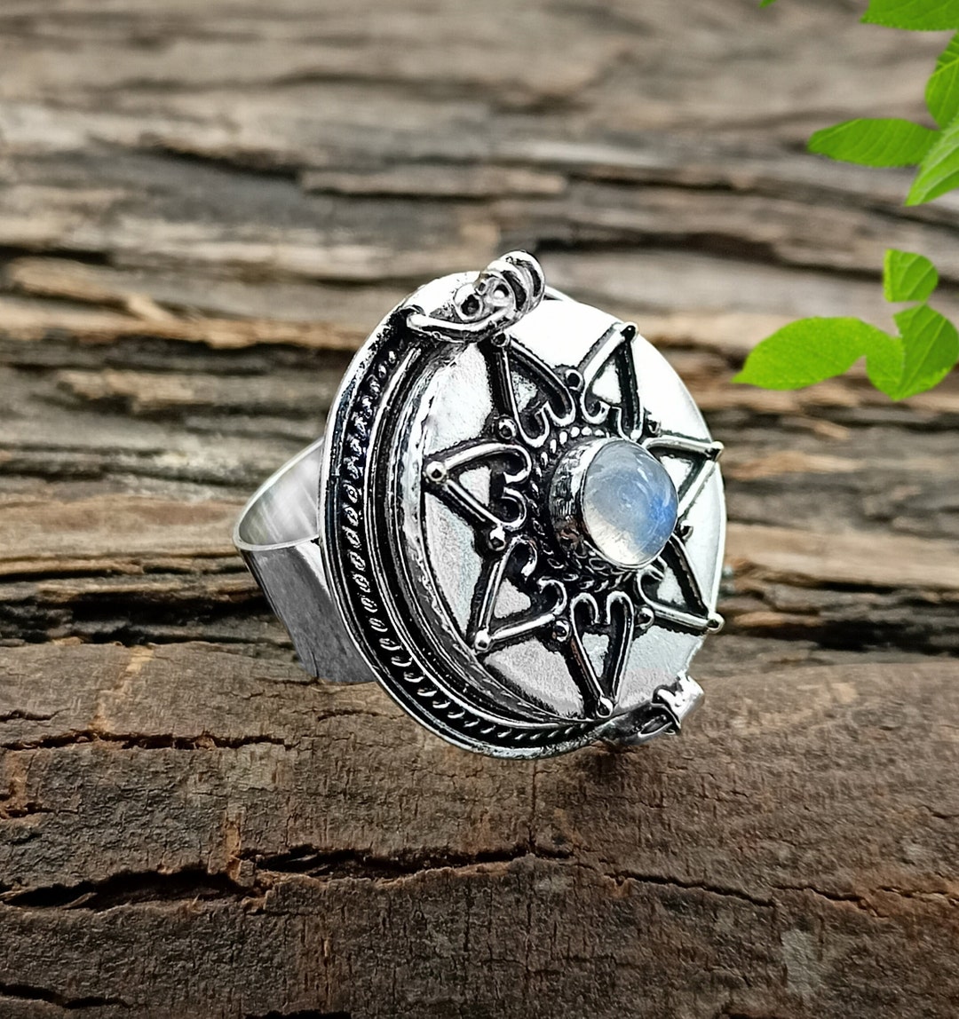 Natural Rainbow Moonstone Poison Ring, 925 Sterling Silver Ring ...