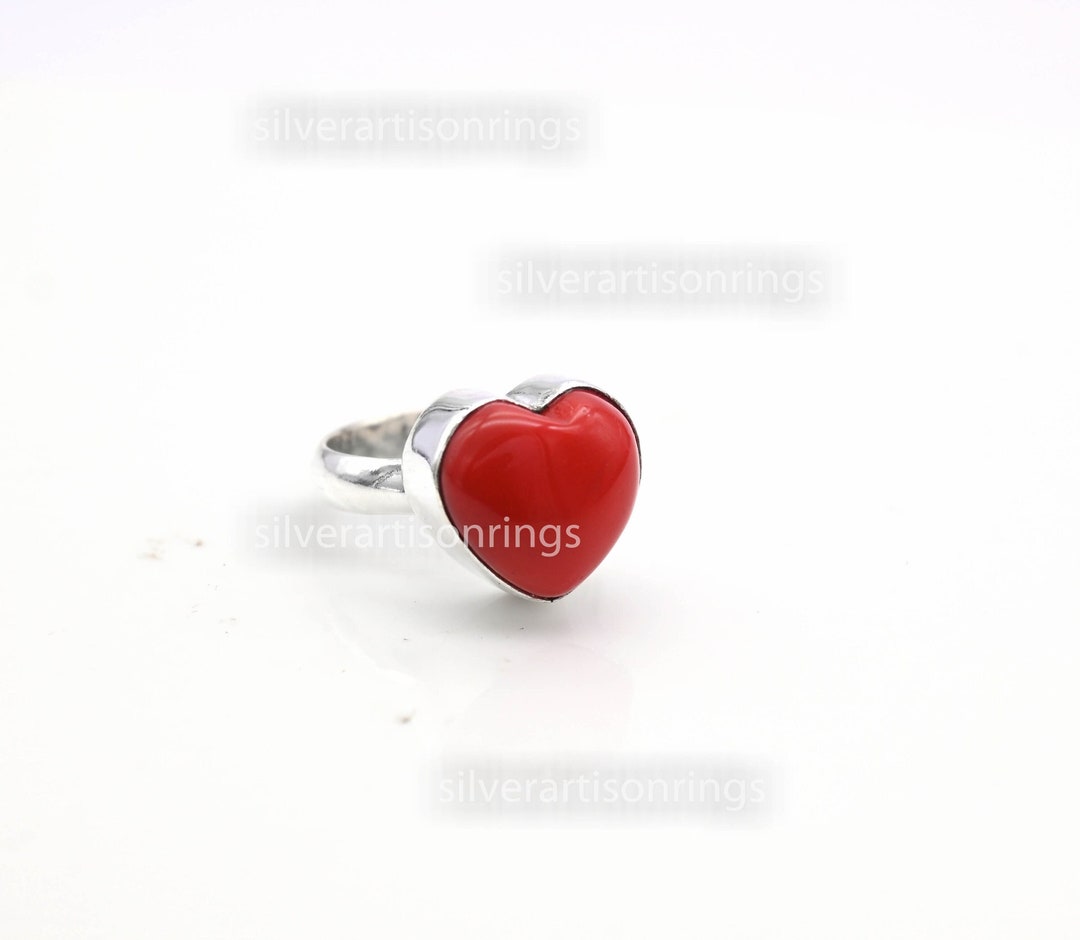 Red Coral Ring, 925 Sterling Silver Ring, Dainty Ring, Heart Gemstone ...