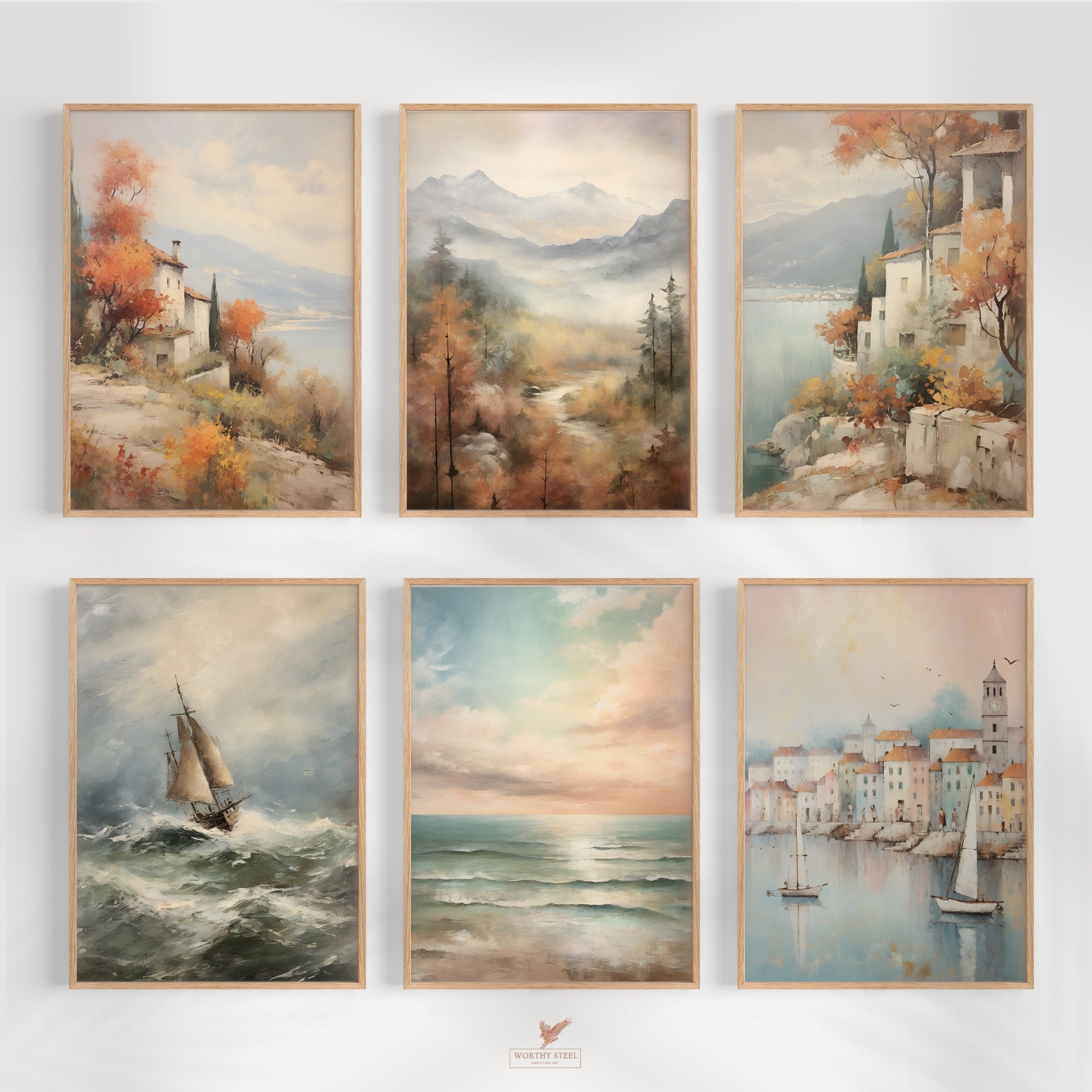Vintage European Prints Set Rustic Gallery Wall Set Muted Living Room ...