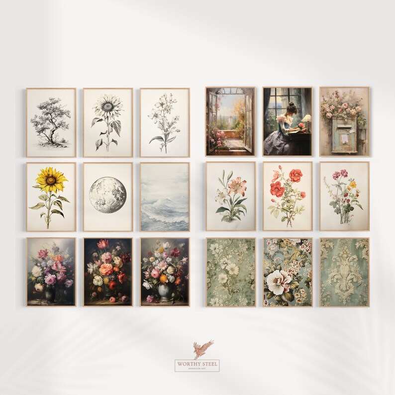 Vintage European Prints Set Rustic Gallery Wall Set Muted Living Room ...