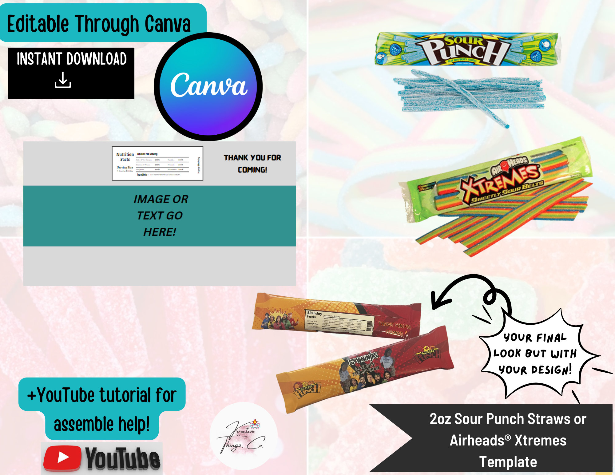 BLANK DIY 2oz Sour Punch Straw or Airhead Xtremes Candy Template ...