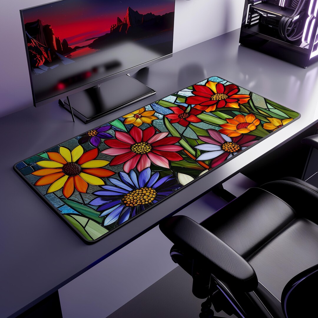 Stained Glass Flowers Desk Mats, Kawaii Y2k Study Room Decor, Large ...