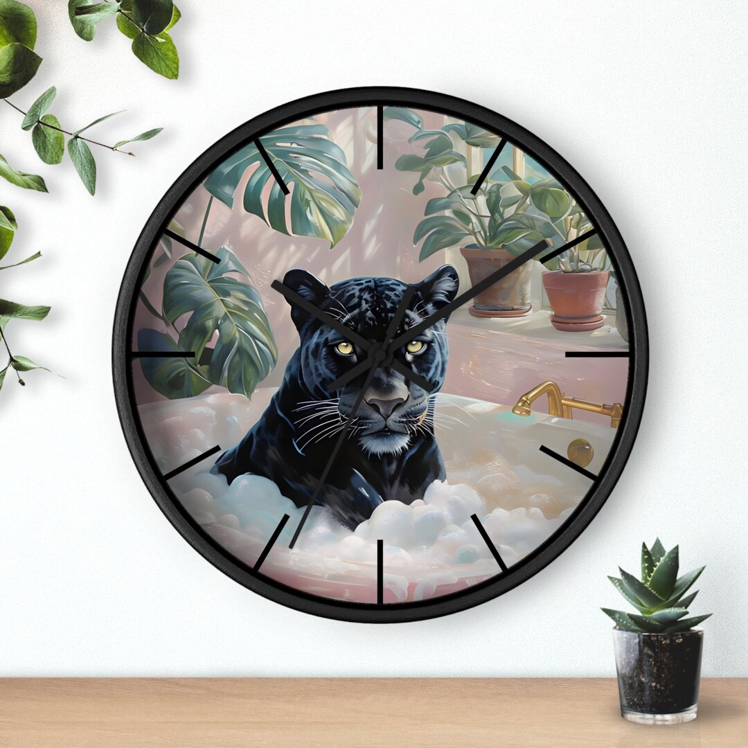 Black Panther in Tub Monstera Leaves Unique Design Wall Clock, Jungle ...