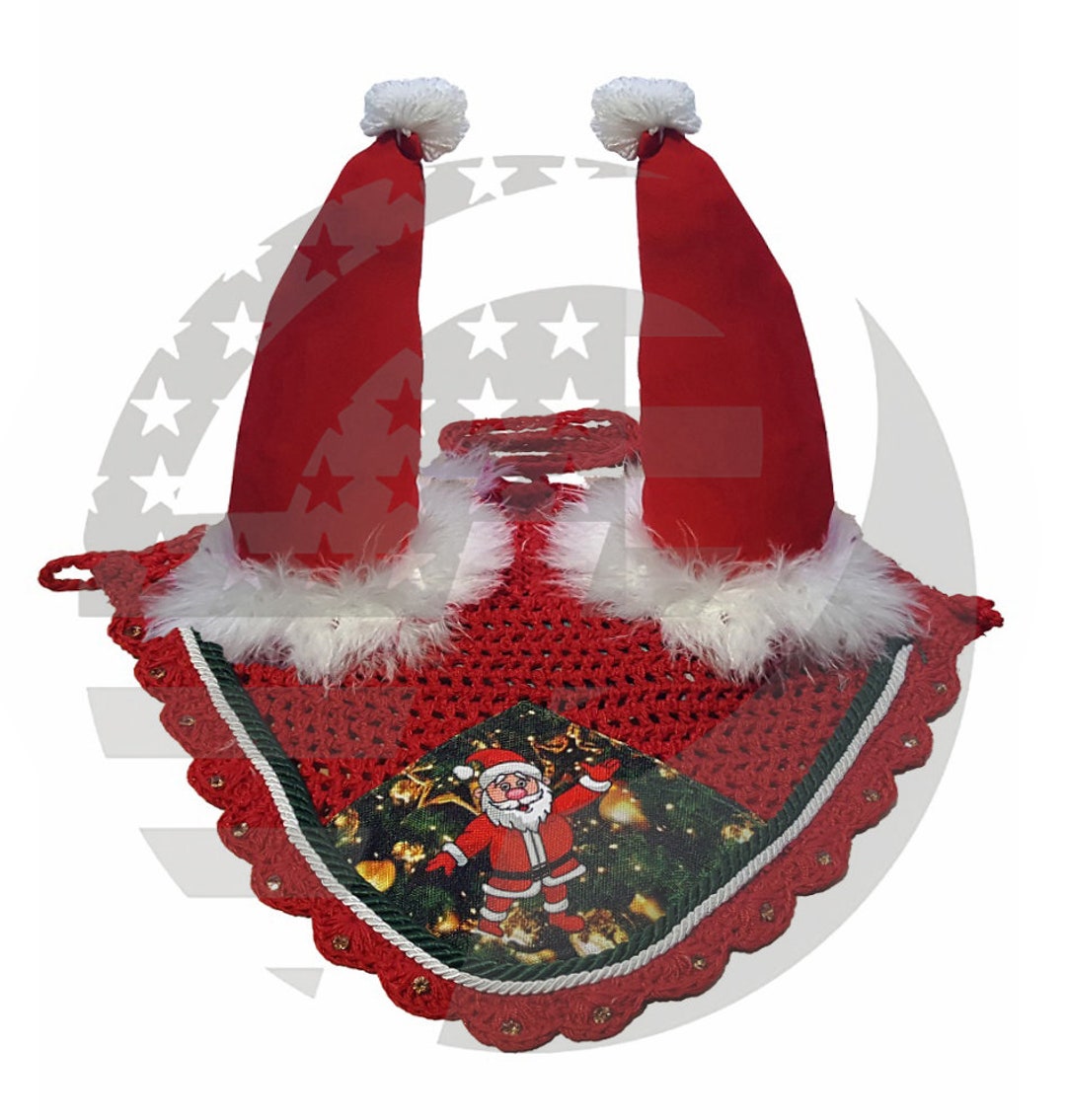 Santa Claus Horse Ear Bonnet Fly Veil Crochet Equestrian With Piping ...