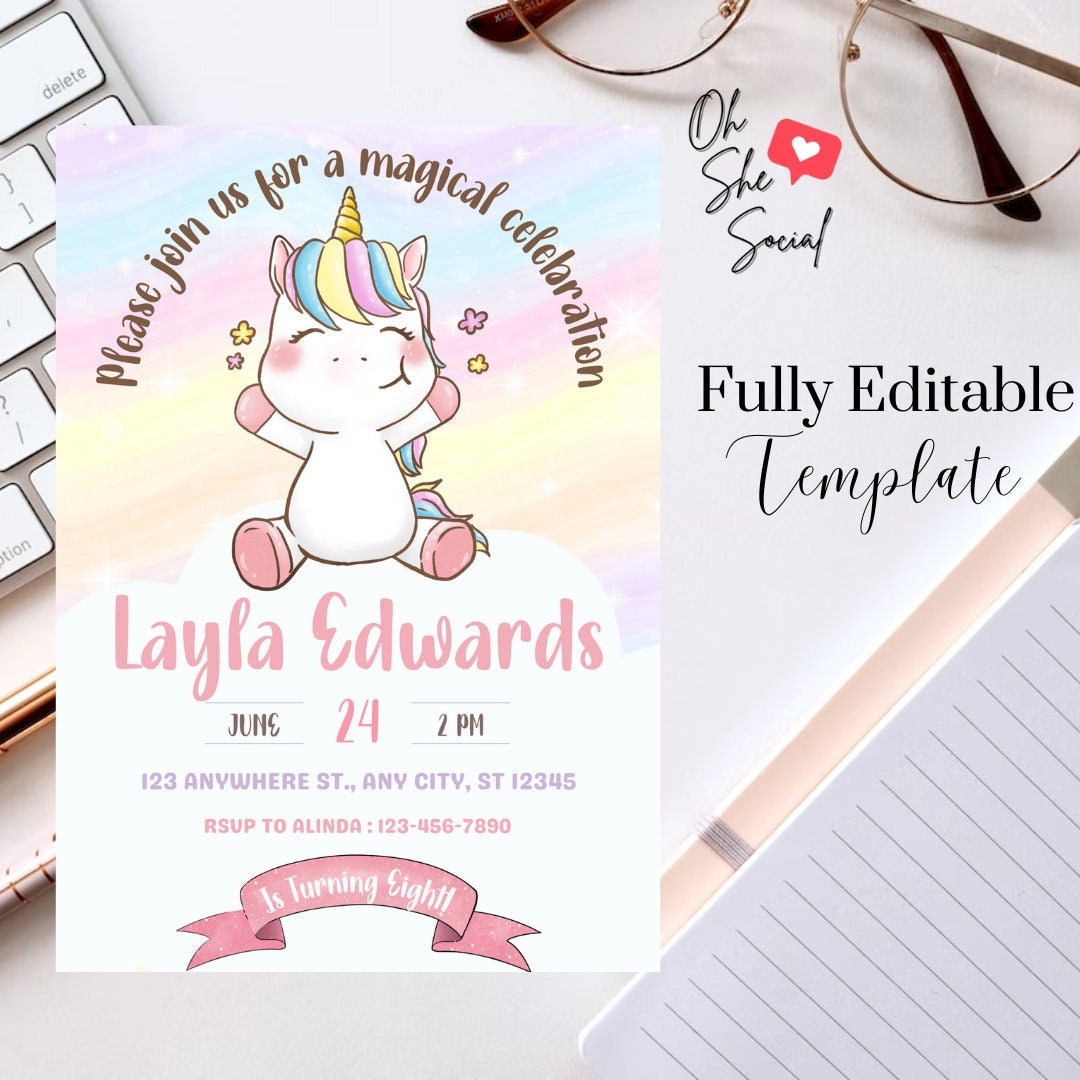 Editable Unicorn Invitation | Unicorn Birthday Party | Instant Download ...