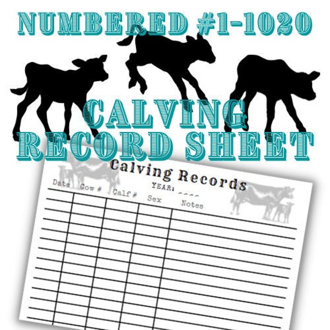 Numbered Calf Record Sheet. Calf Planner. Cattle Ranch. Planner for ...