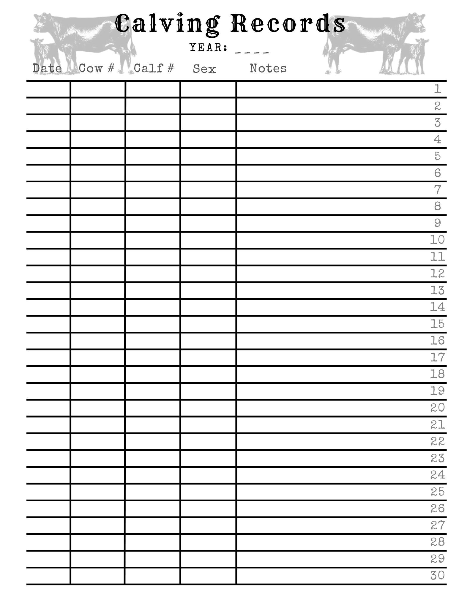 Calving Record Sheet Printable | Numbered Cattle Log (PDF Download) - Etsy