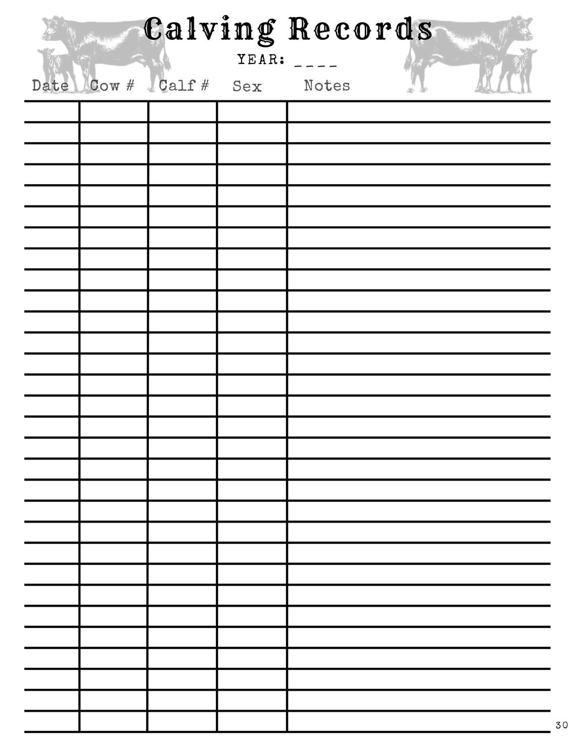 Calving Record Sheet Printable | Cattle Log Book (PDF Download) - Etsy