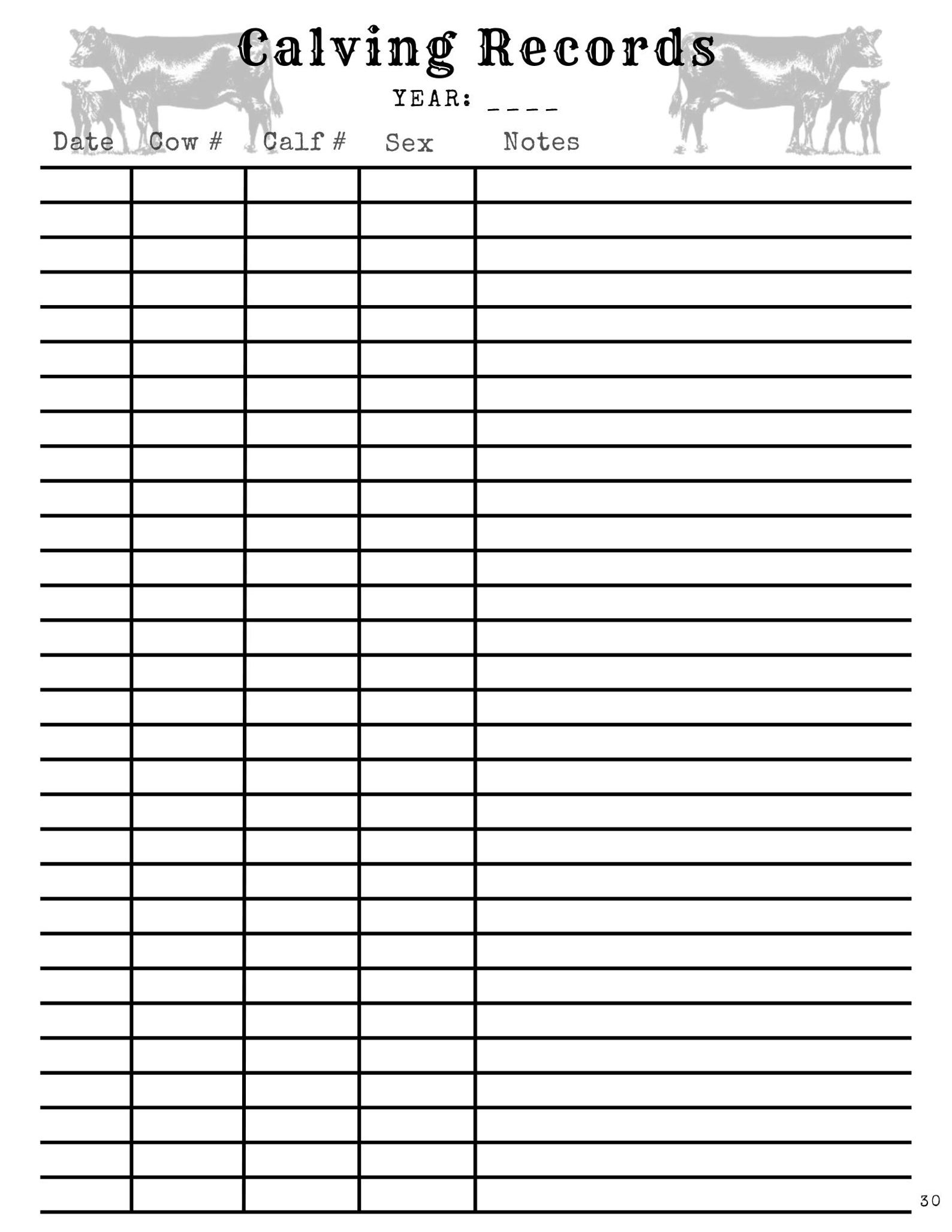 Calving Record Sheet Printable | Cattle Log Book (PDF Download) - Etsy