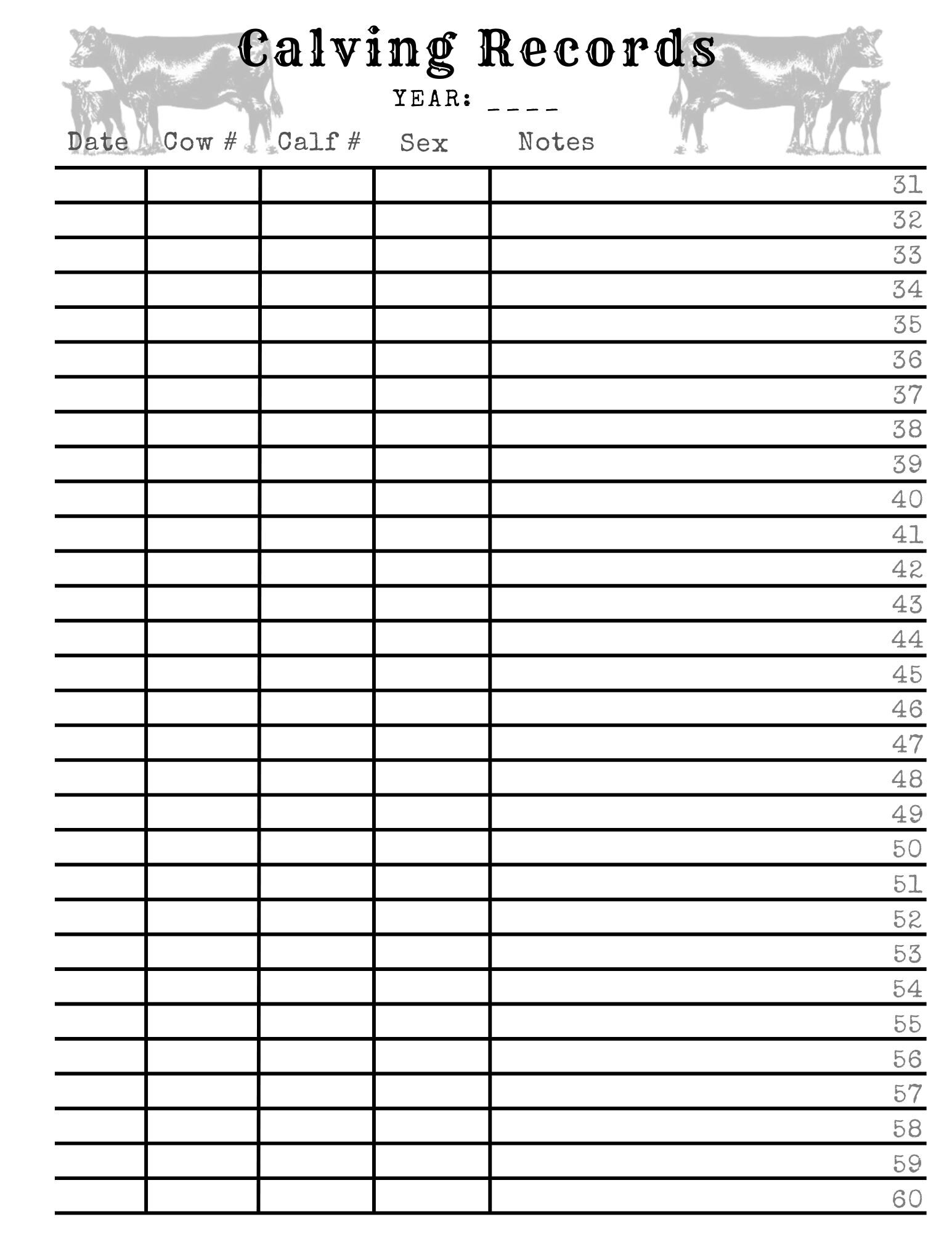 Calving Record Sheet Printable | Numbered Cattle Log (PDF Download) - Etsy