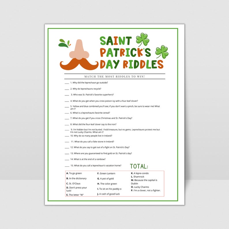 St Patrick's Day Riddle Game for Kids, Printable St Paddy's Day Party ...