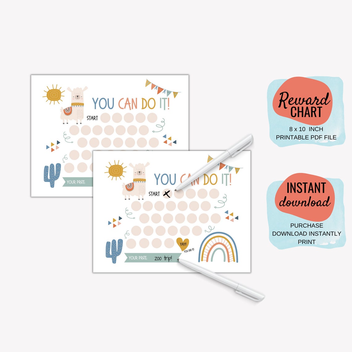 Reward Chart for Kids. Printable Rainbow Llama Behavior Chart, Daily ...