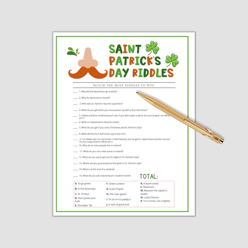 St Patrick's Day Riddle Game for Kids, Printable St Paddy's Day Party ...