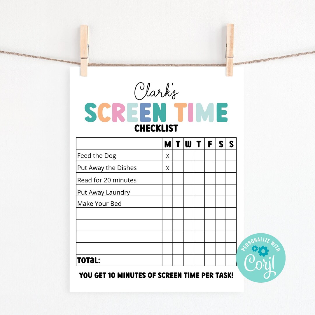 Screen Time Checklist for Kids, Printable Chore Chart, Daily Screen ...