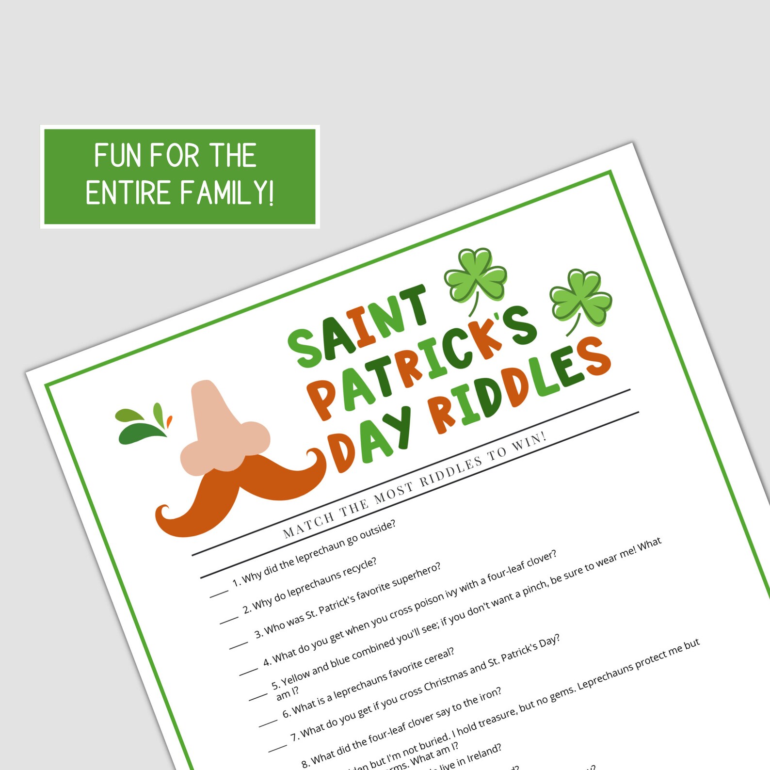 St Patrick's Day Riddle Game for Kids, Printable St Paddy's Day Party ...