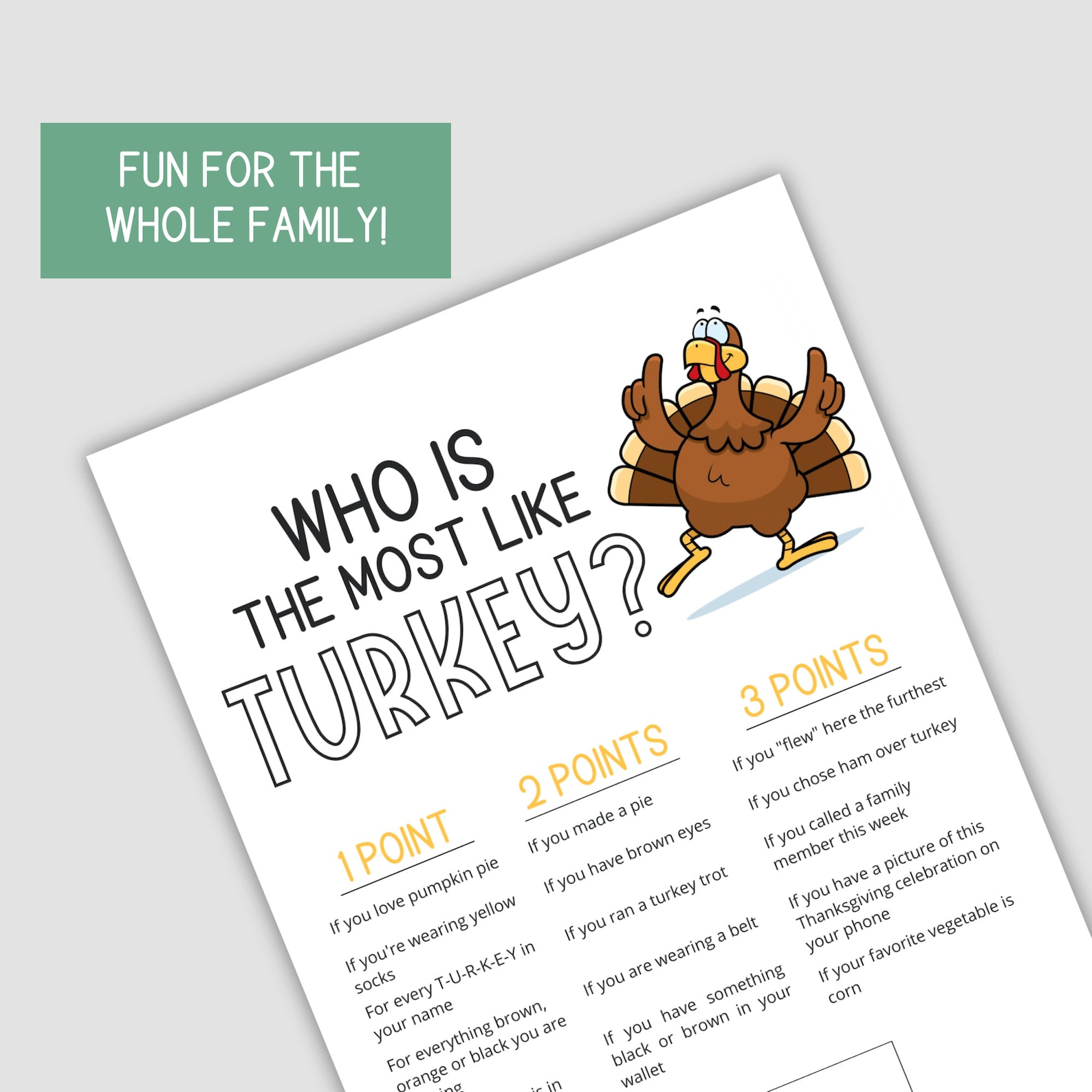 Printable Thanksgiving Game, Who is Most Like the Turkey, Family Game ...