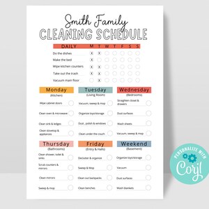 Editable Cleaning Schedule Printable, Cleaning Checklist for Family ...