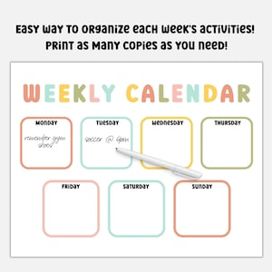 Weekly Calendar for Kids Preschool Printable Printable | Etsy