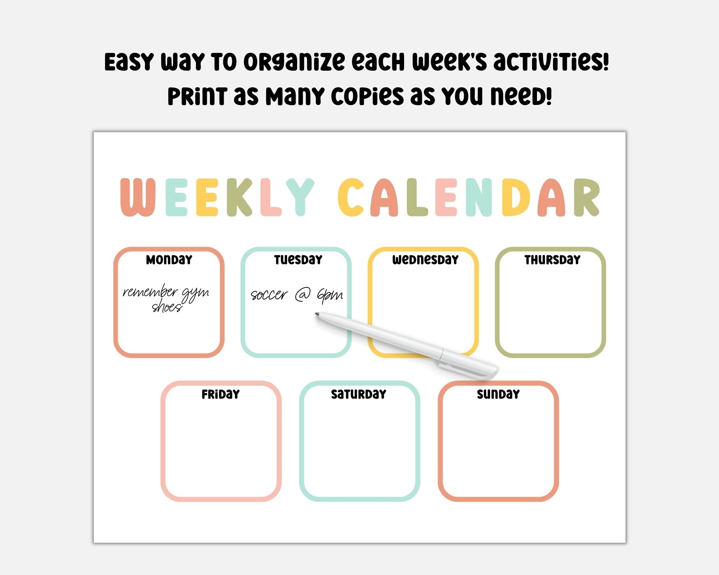 Weekly Calendar for Kids Preschool Printable Printable | Etsy Australia