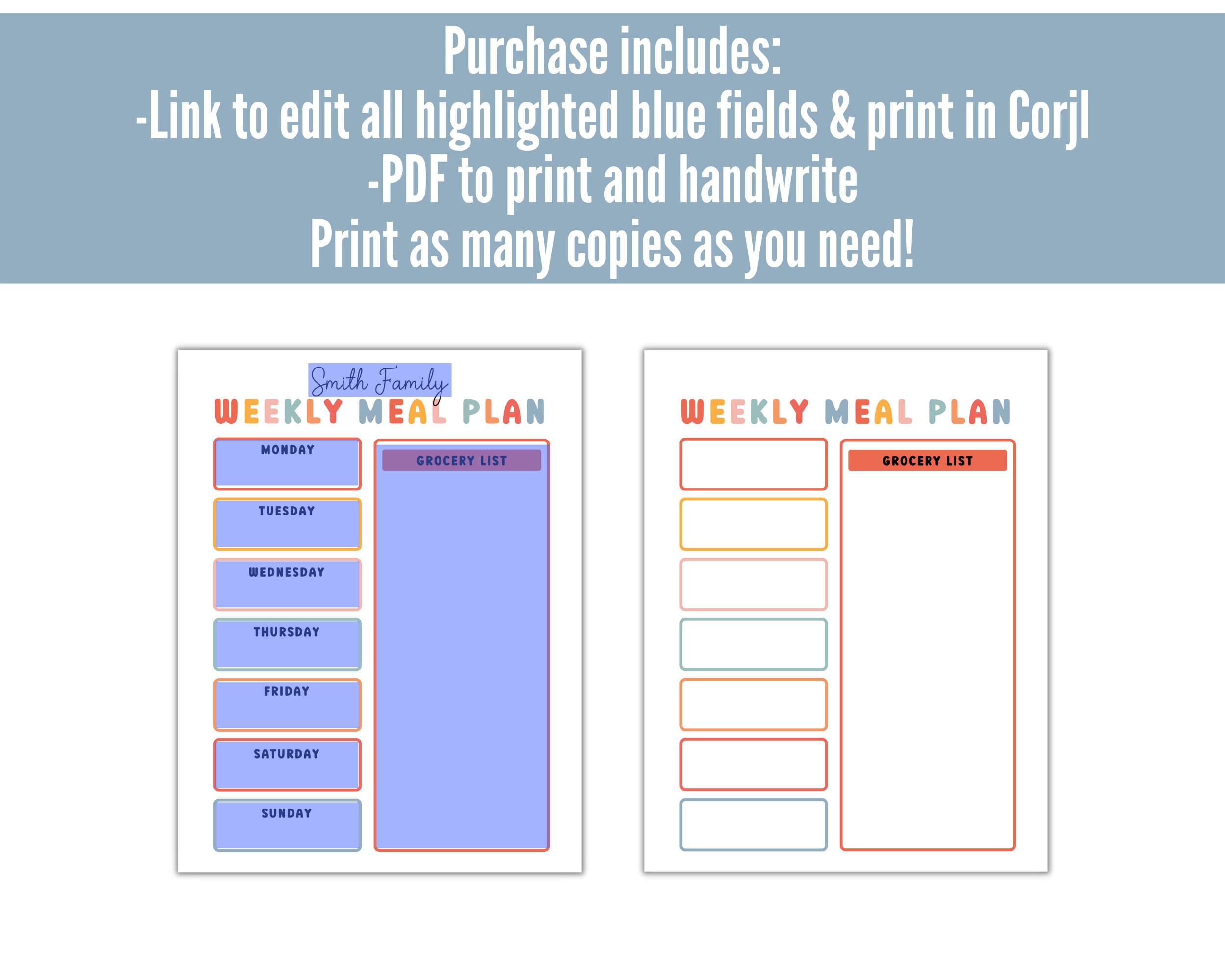 Weekly Meal Planner Dinner Menu Printable Editable Template With ...