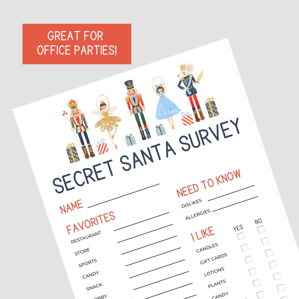 Secret Santa Questionnaire Printable for Holiday Gift Exchange, Holiday ...