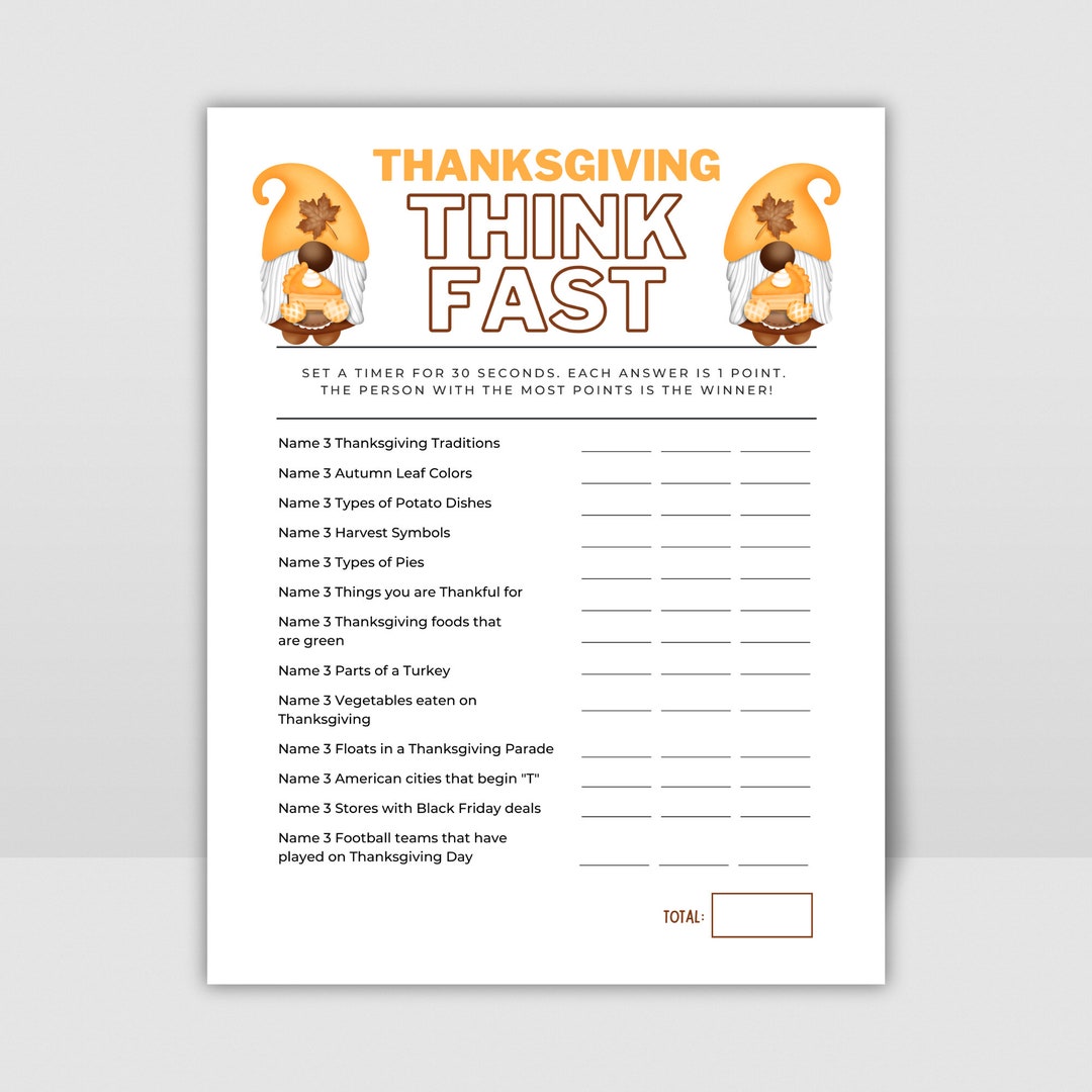 Thanksgiving Trivia Game, Think Fast Game, Thanksgiving Printable Games ...