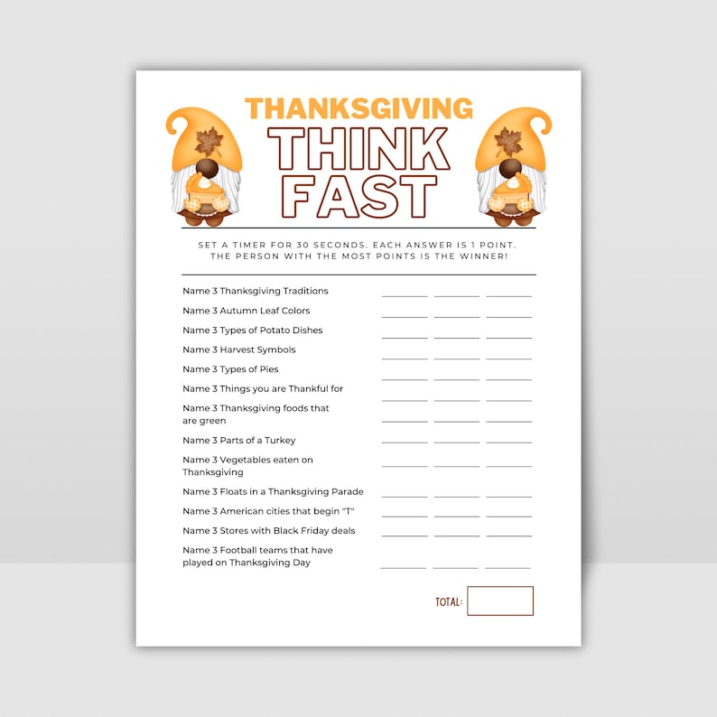 Thanksgiving Trivia Game, Think Fast Game, Thanksgiving Printable Games ...
