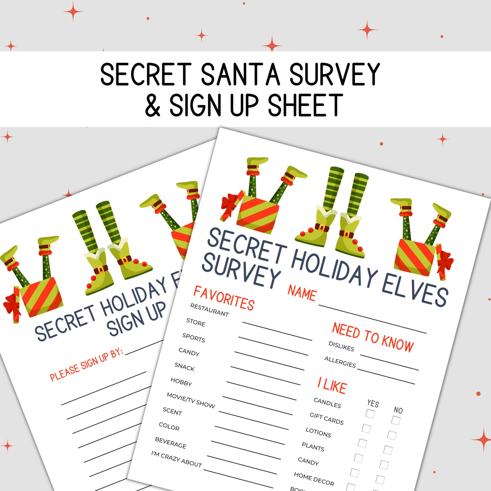 Holiday Elves Questionnaire Printable for Office Holiday Gift Exchange ...