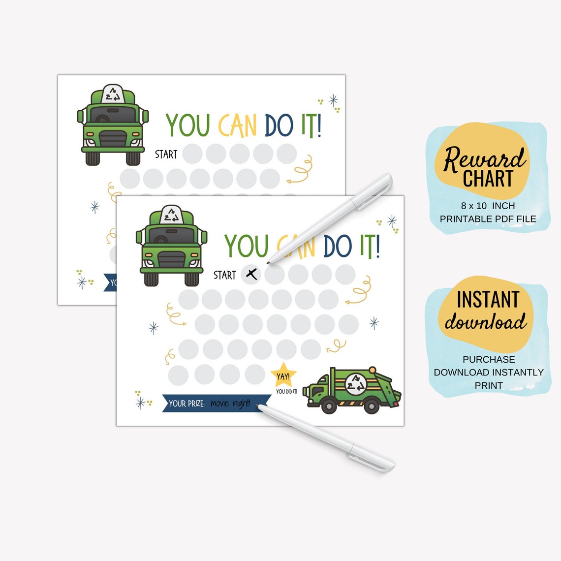 Reward Chart for Kids, Printable Garbage Truck Behavior Chart, Daily ...