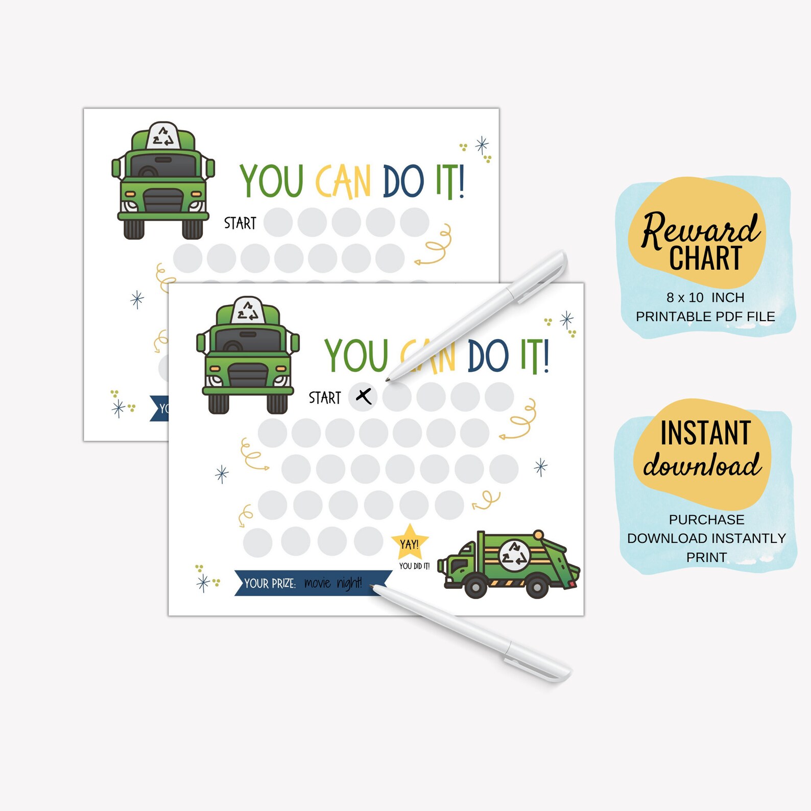 Reward Chart for Kids, Printable Garbage Truck Behavior Chart, Daily ...