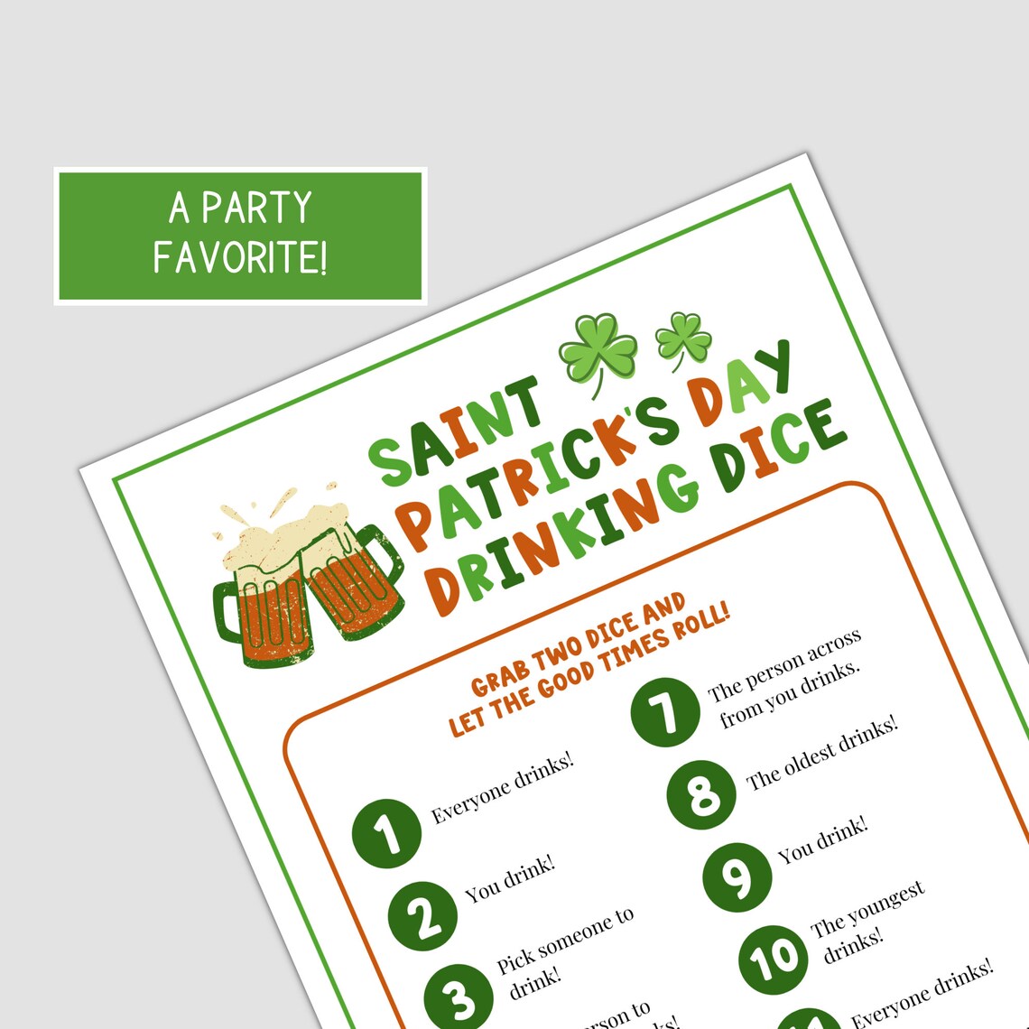 St Patrick's Day Drinking Dice Game, Adult St Patricks Day Drinking ...