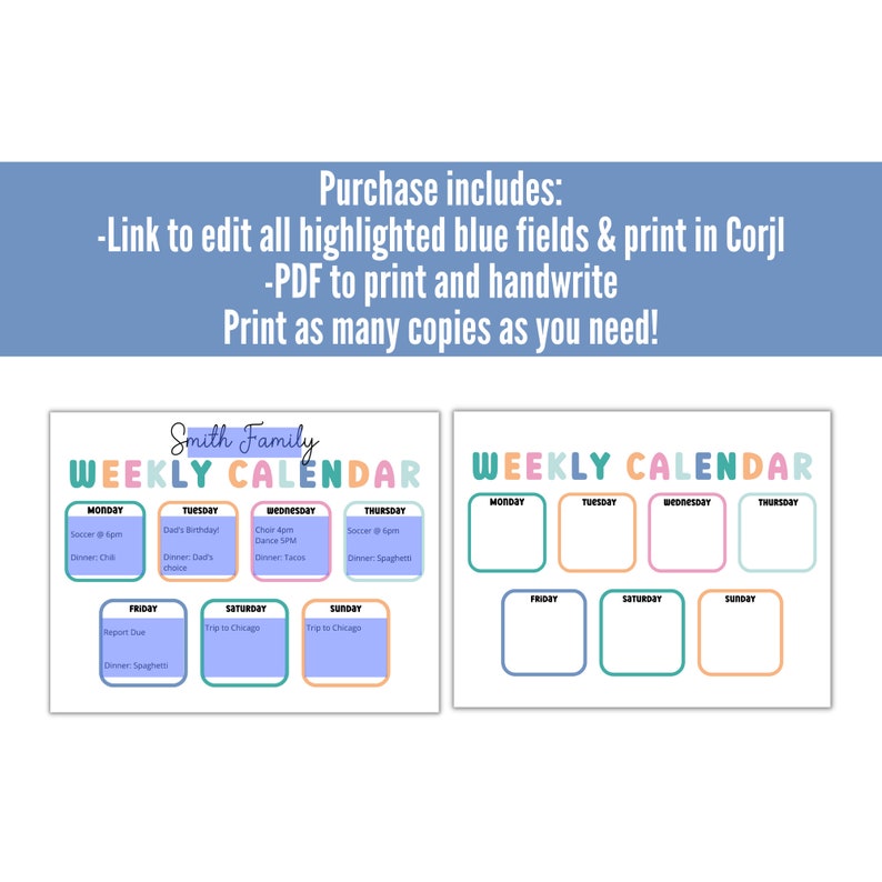 Weekly Calendar for Kids Editable Printable Calendar - Etsy